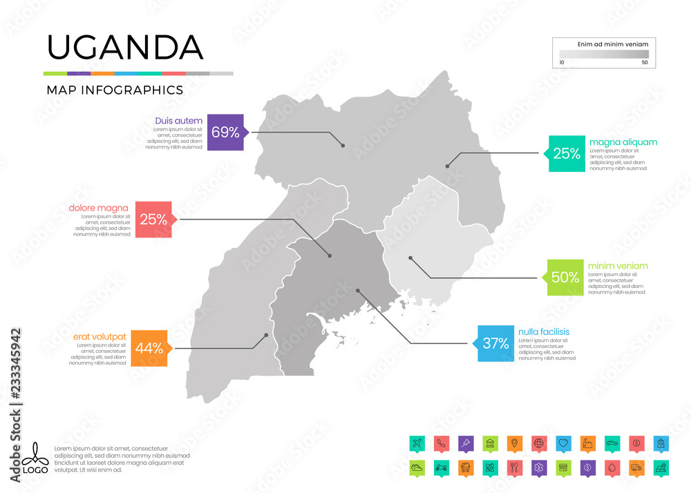 Uganda map infographics with editable separated layers, zones, elements ...