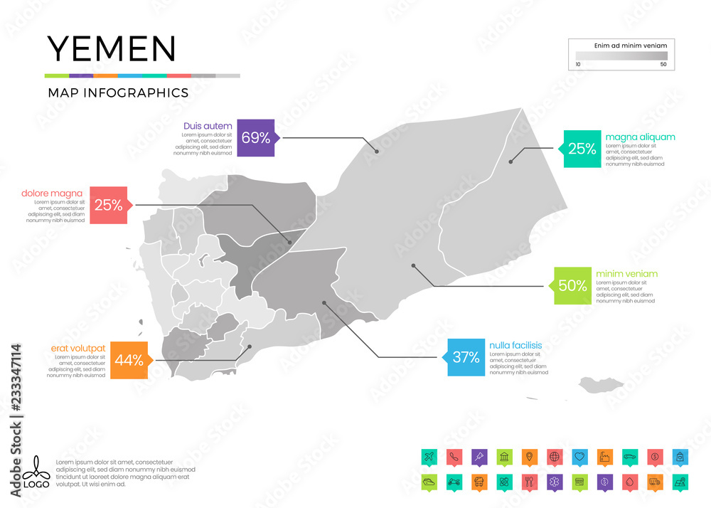 Yemen map infographics with editable separated layers, zones, elements ...