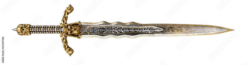 long sword with skull and bones on an isolated white background. 3d ...