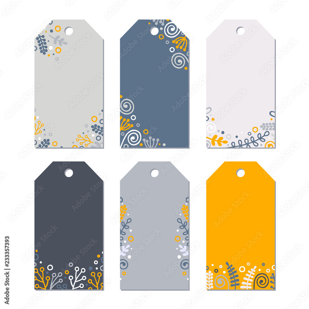 Set of six printable tags with hand drawn decor. Isolated. Floral ...