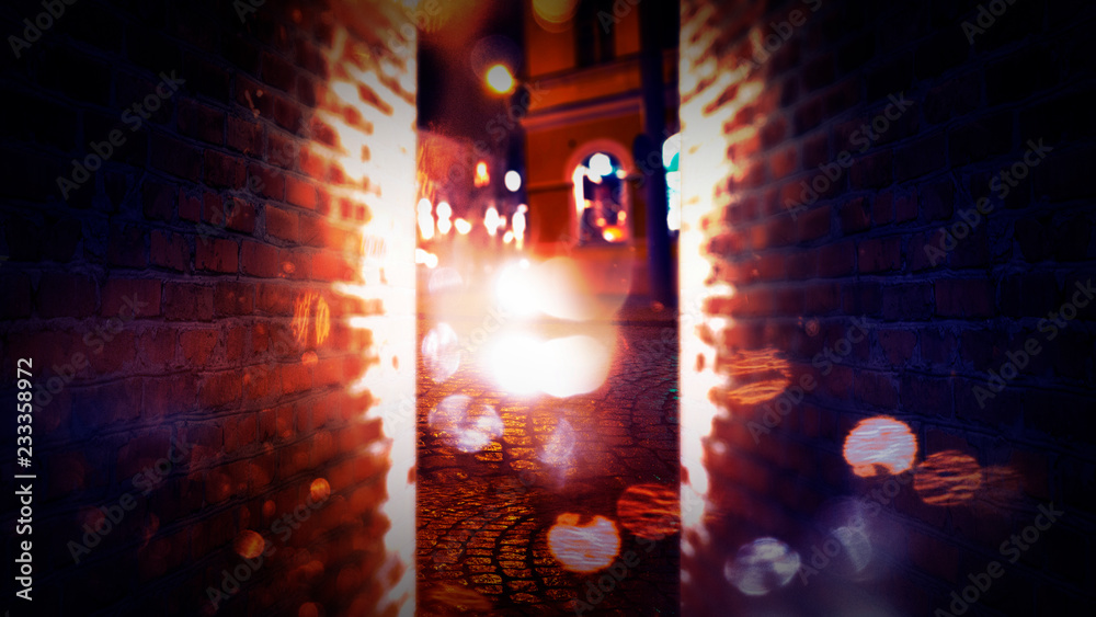 Narrow street of the night city, neon lights, smoke on a dark street ...