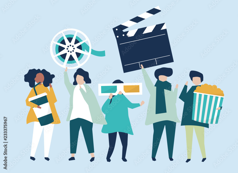 Characters of people holding movie icons illustration Stock Vector ...