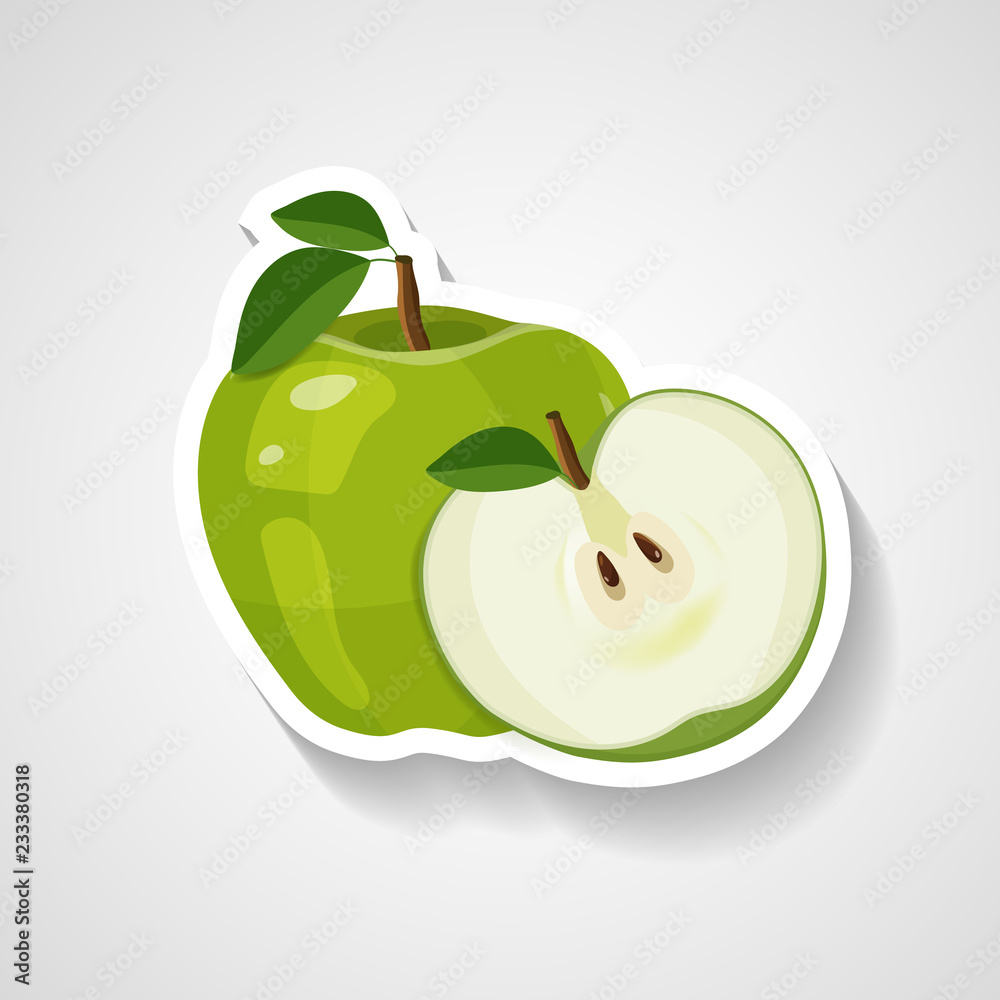 Green apple sticker vector illustration. Cartoon sticker with white ...