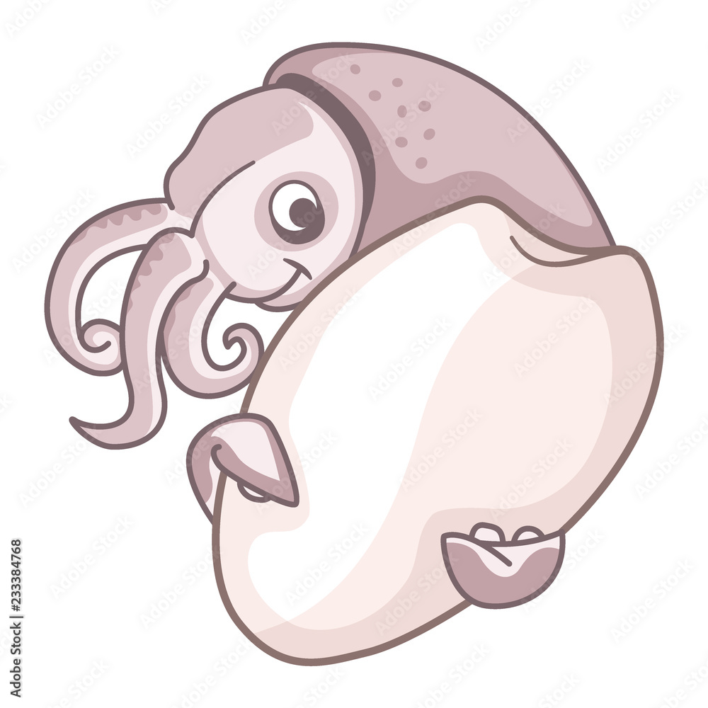 A smiling squid holds and shows squid meat that is being produced from ...