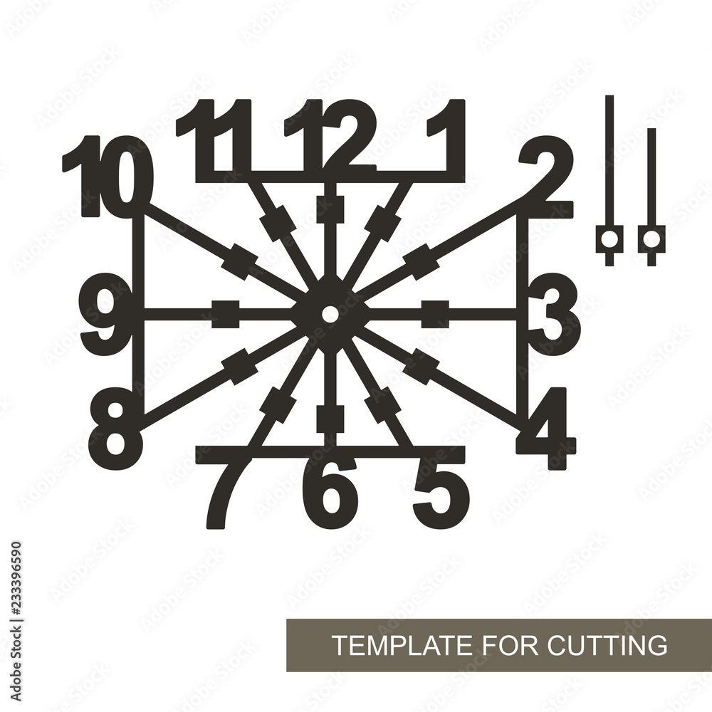 Square dial with arrows and big arabic numerals. Silhouette of clock on ...