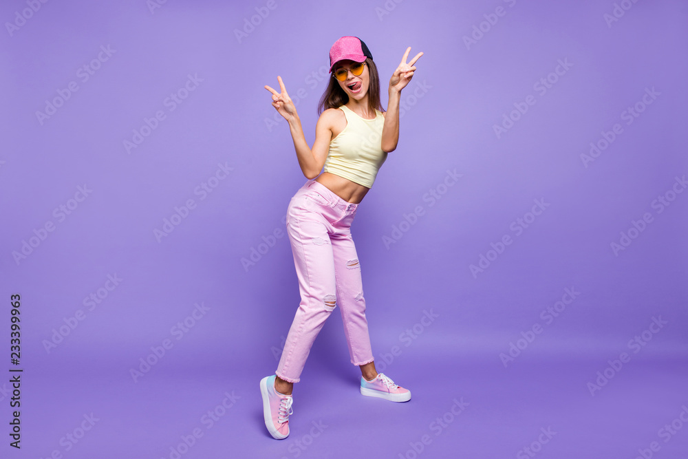 Full length body size of nice cute dreamy attractive cheerful po Stock ...