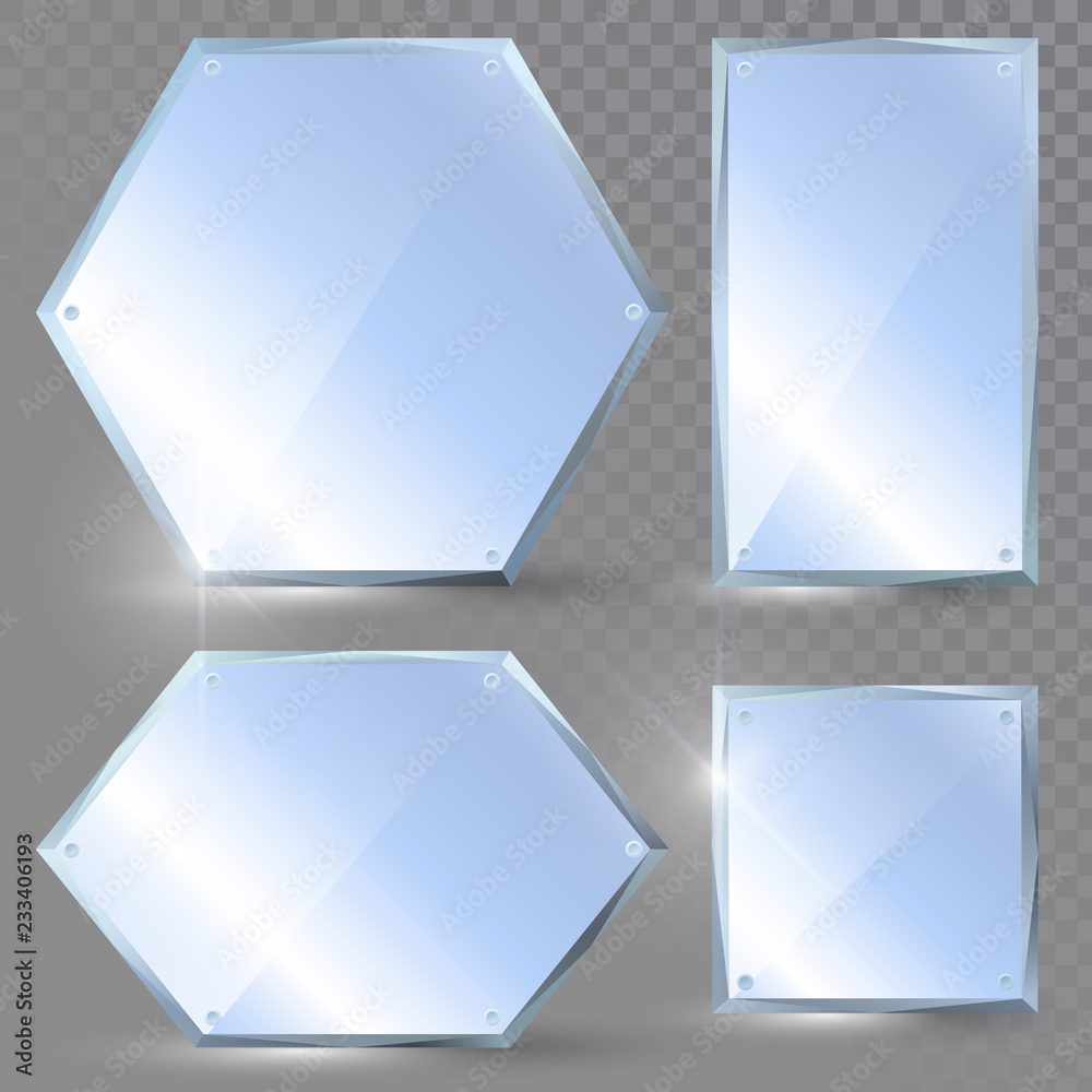 Metal or glass shiny panels of different shapes. Mirrors or awards ...