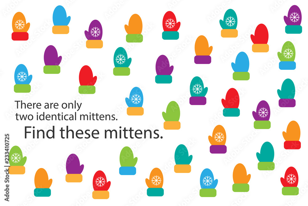 Vetor de Find two identical mittens, christmas fun education puzzle ...