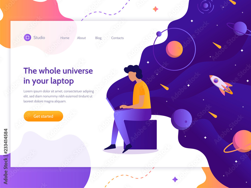 The whole universe in your laptop. A man works at a computer from which ...