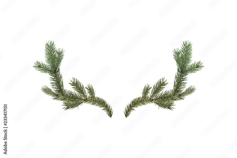 3D rendering of deer horns made of fir branches isolated on white ...