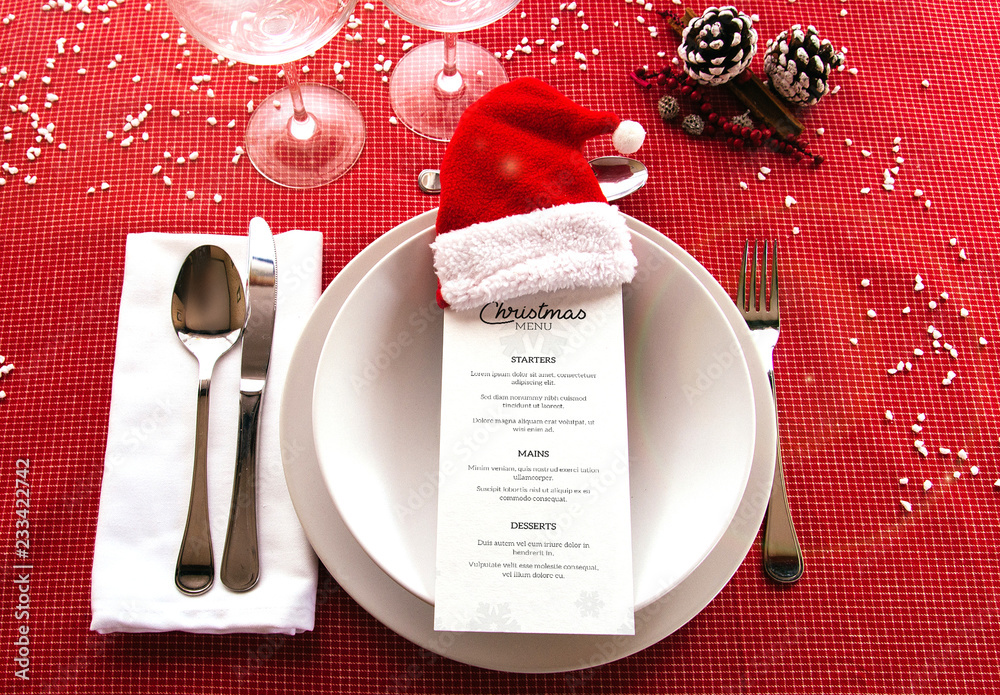 Menu on Christmas-Themed Table Mockup Stock Template | Adobe Stock