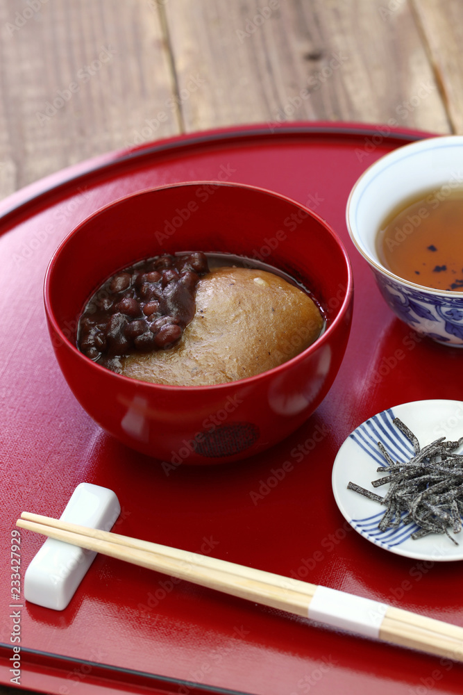 Tochi Mochi Zenzai, horse chestnuts rice cake with sweet simmered ...