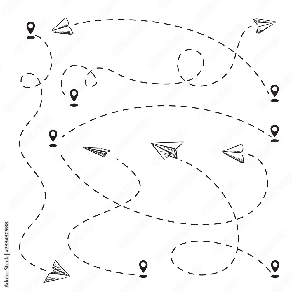 Airplane track to point, line way or air lines collection Stock Vector ...