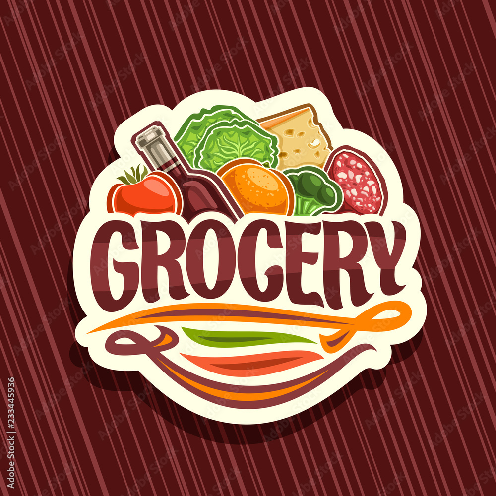 Vector logo for Grocery Store, white decorative signboard with pile of ...