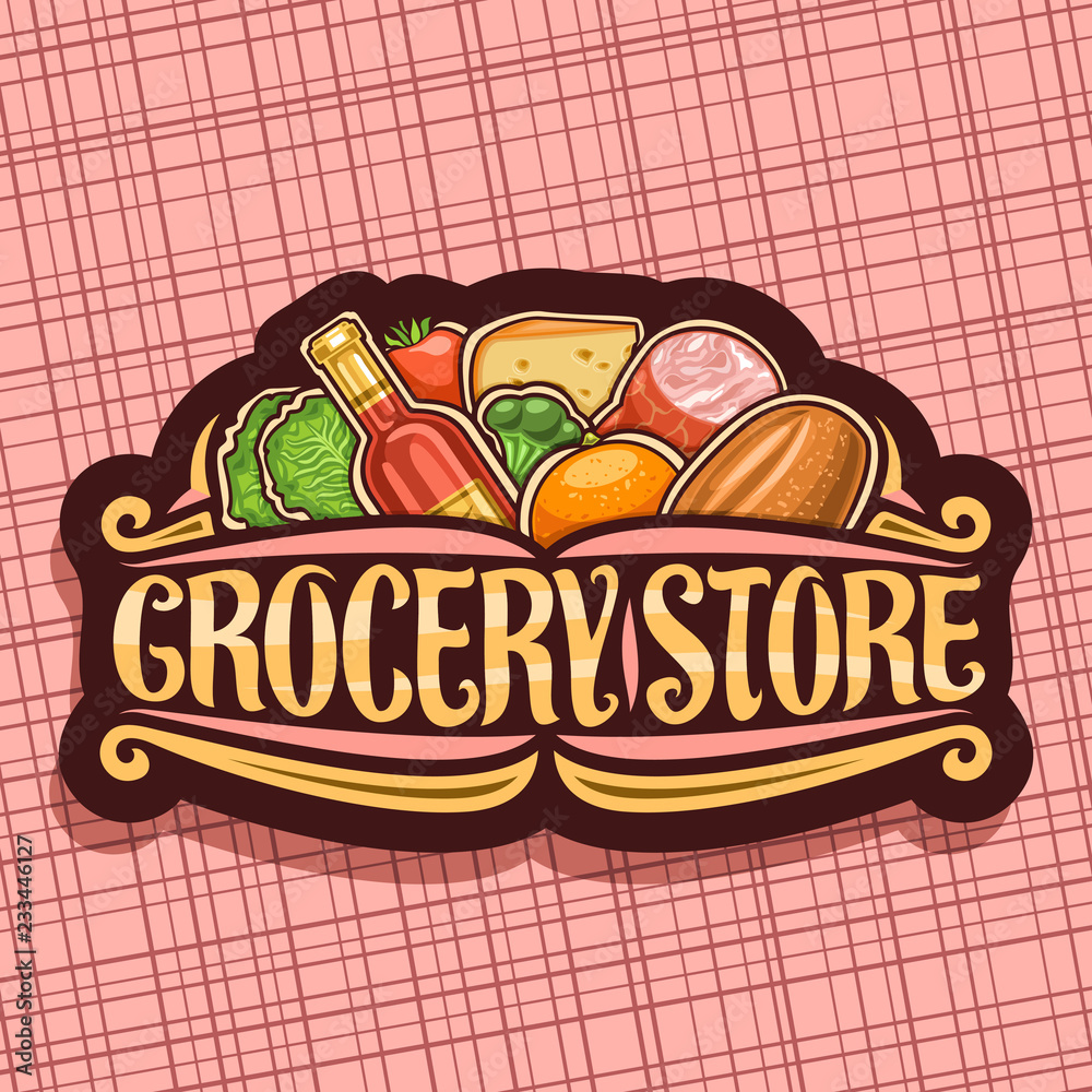 Vector logo for Grocery Store, dark retro signage with pile of fresh ...