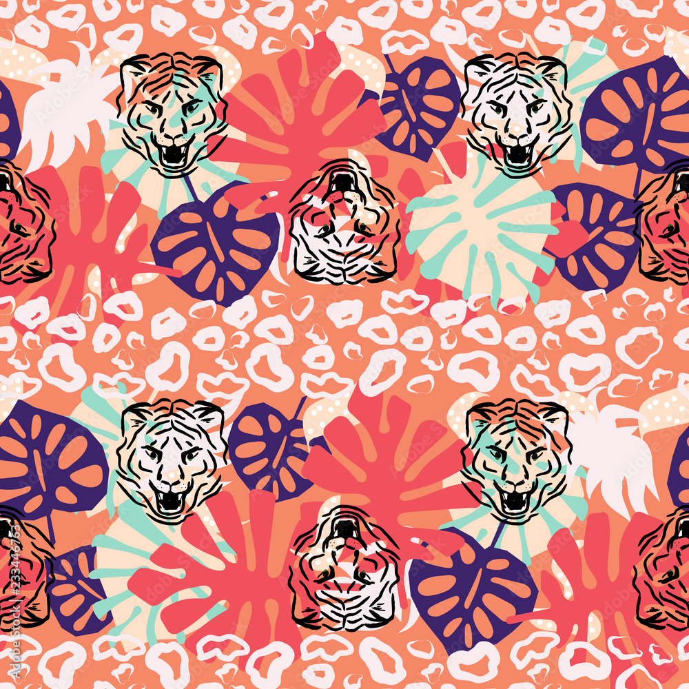 Jungle seamless vector pattern with wild cats and tropical plants in ...