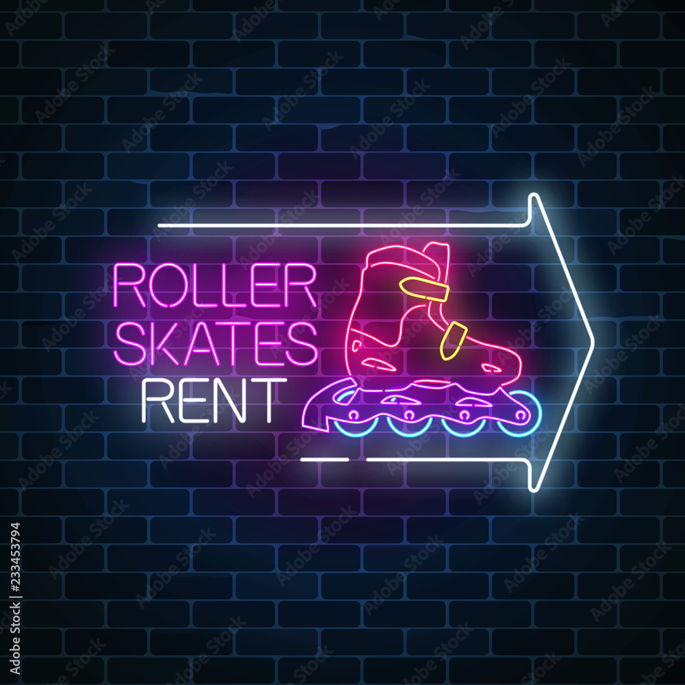 Roller skates rent glowing neon sign with guide arrow. Skate zone ...