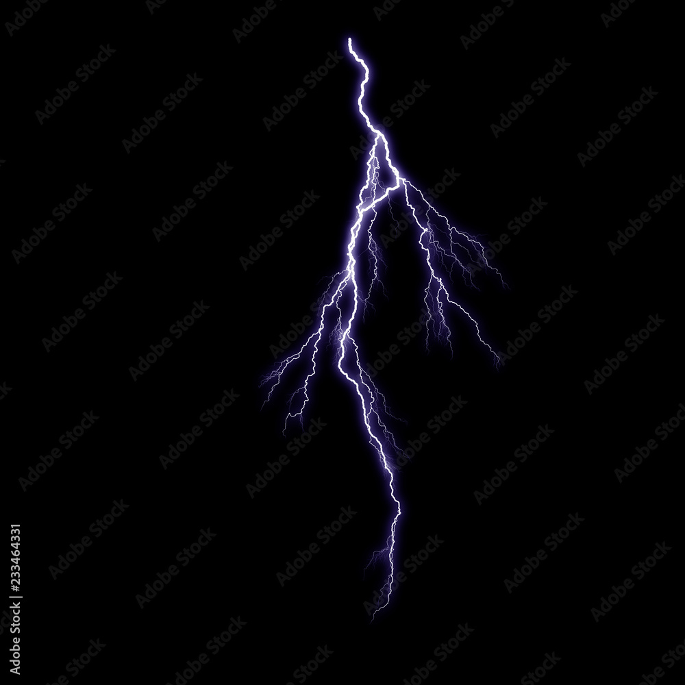 Isolated violet thunderstorm on the black background, lighting effect ...