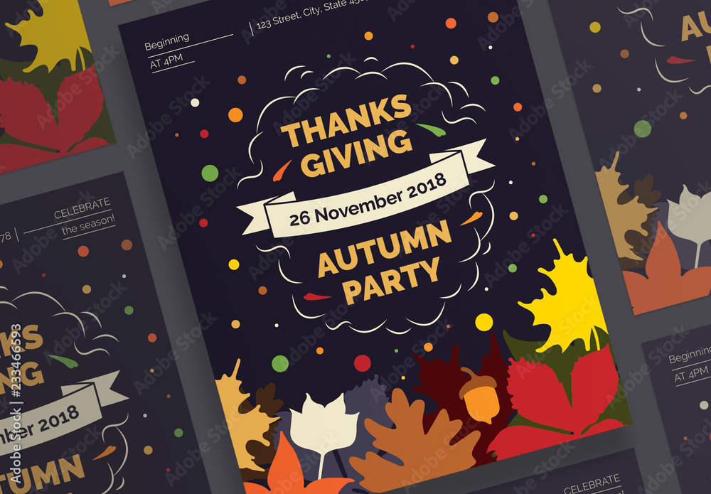 Thanksgiving Poster Layouts with Colored Leaves and Corn Elements Stock ...
