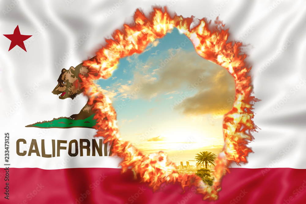 Fires in California in 2018. California Republic Flag on fire with sky ...