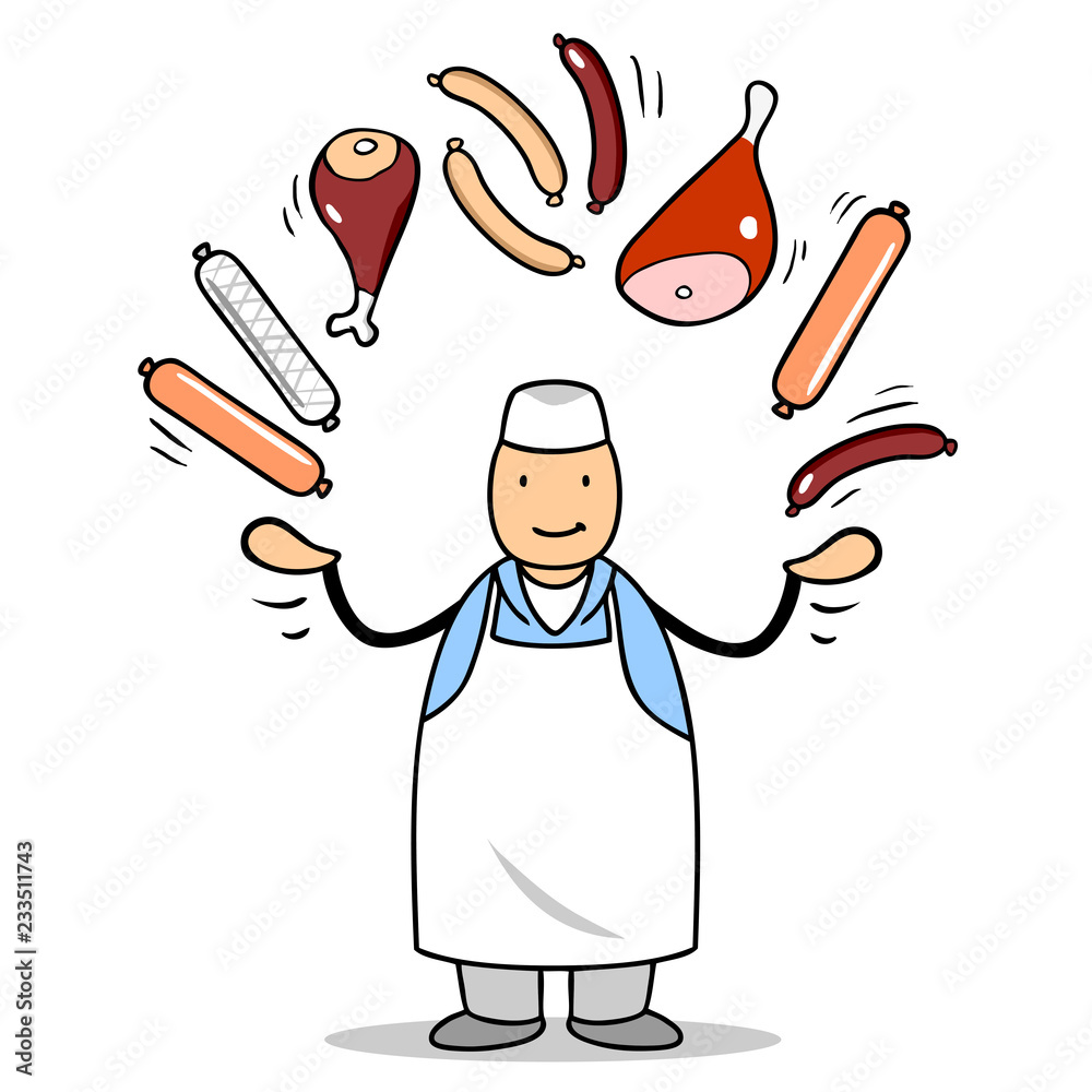 Fleischer oder Metzger jongliert mit Wurstwaren Stock Illustration ...