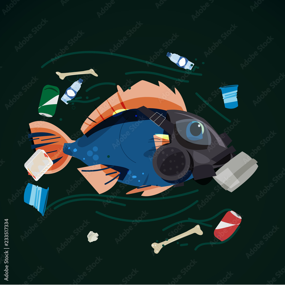 fish wearing gas mask swimming with full of garbage in the river ...