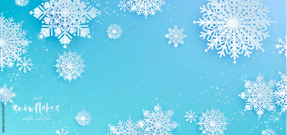 White Paper cut snow flake greeting background, Merry Christmas and ...