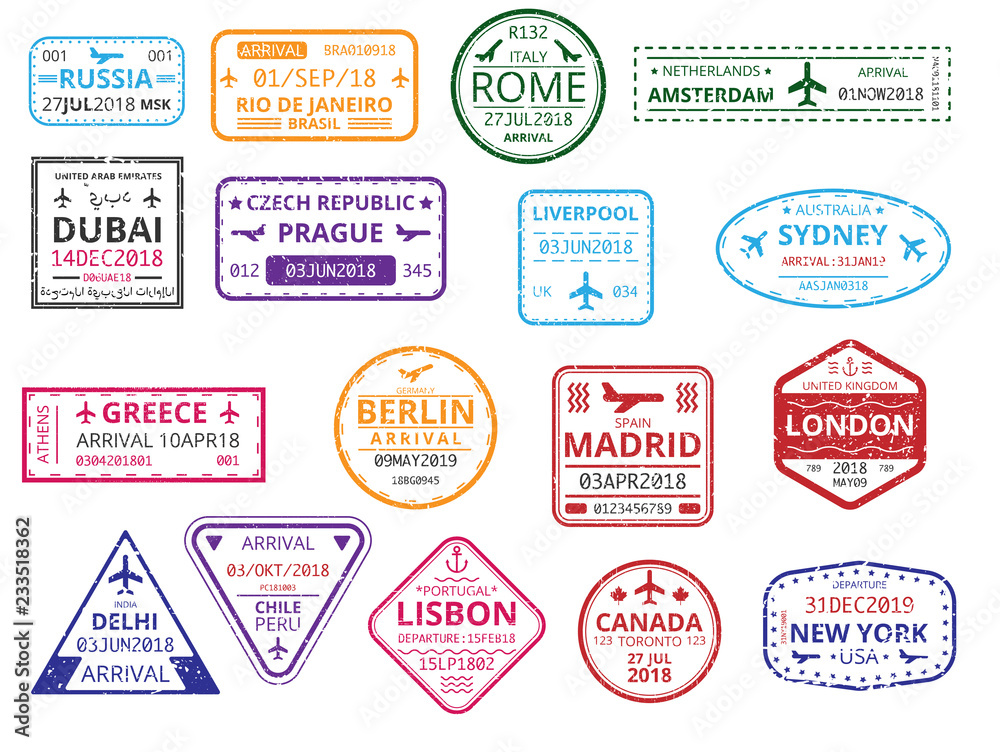 Color border custom stamps in passport on isolated white background ...