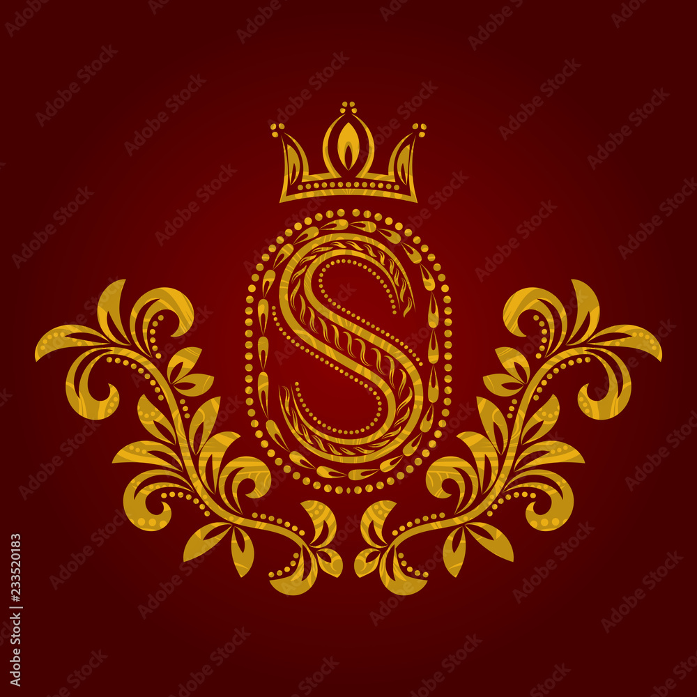 Patterned golden letter S monogram in vintage style. Heraldic coat of ...