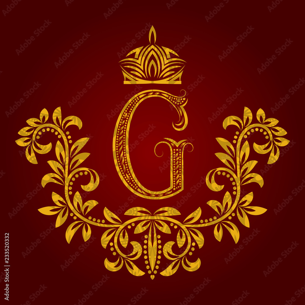 Patterned golden letter G monogram in vintage style. Heraldic coat of ...