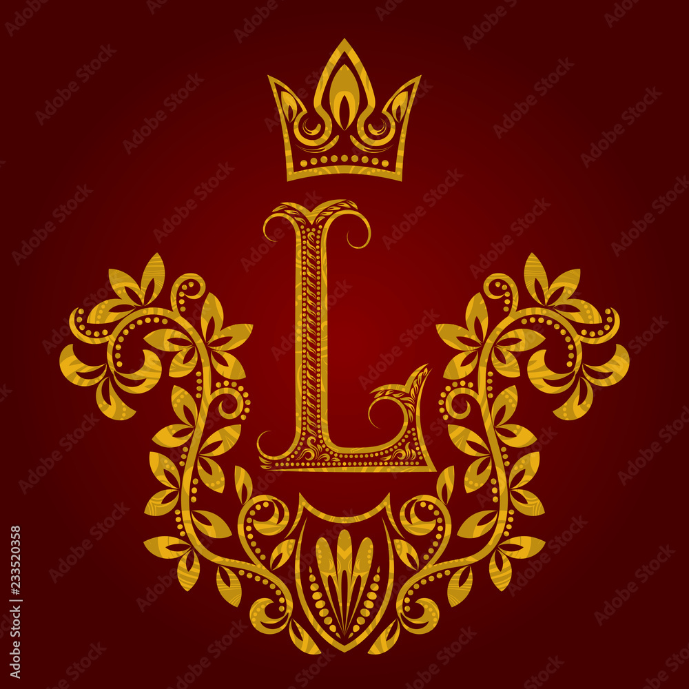 Patterned golden letter L monogram in vintage style. Heraldic coat of ...
