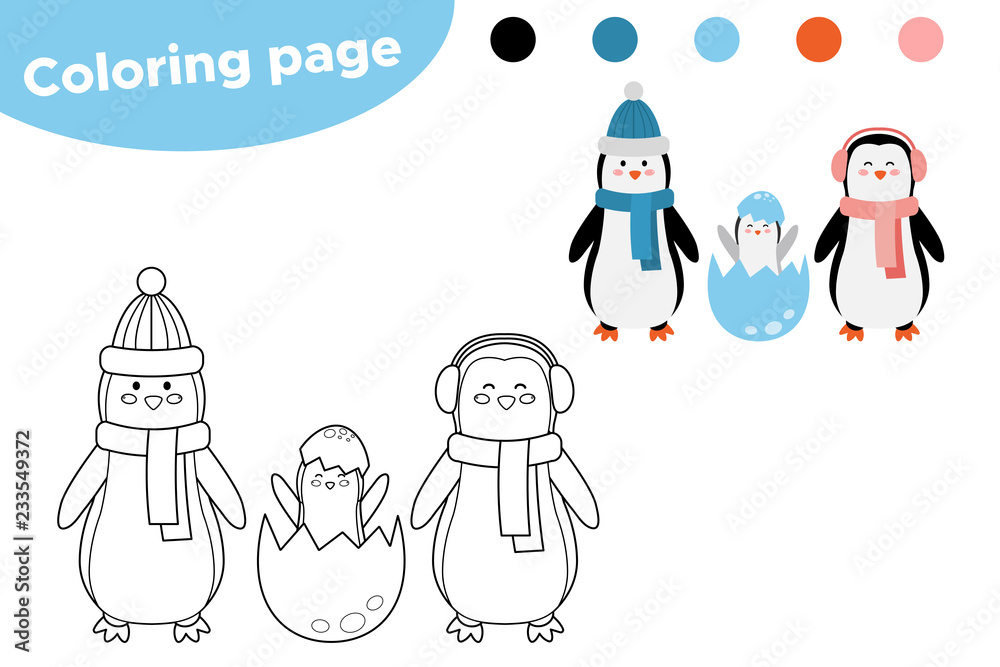 Coloring page for kids. Cute cartoon penguin family. Arctic animals ...