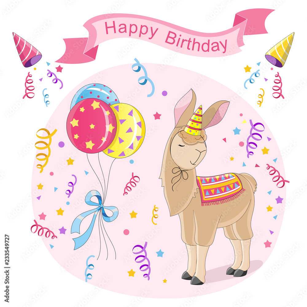 Illustration of a happy birthday. Llama with balloons and confetti ...