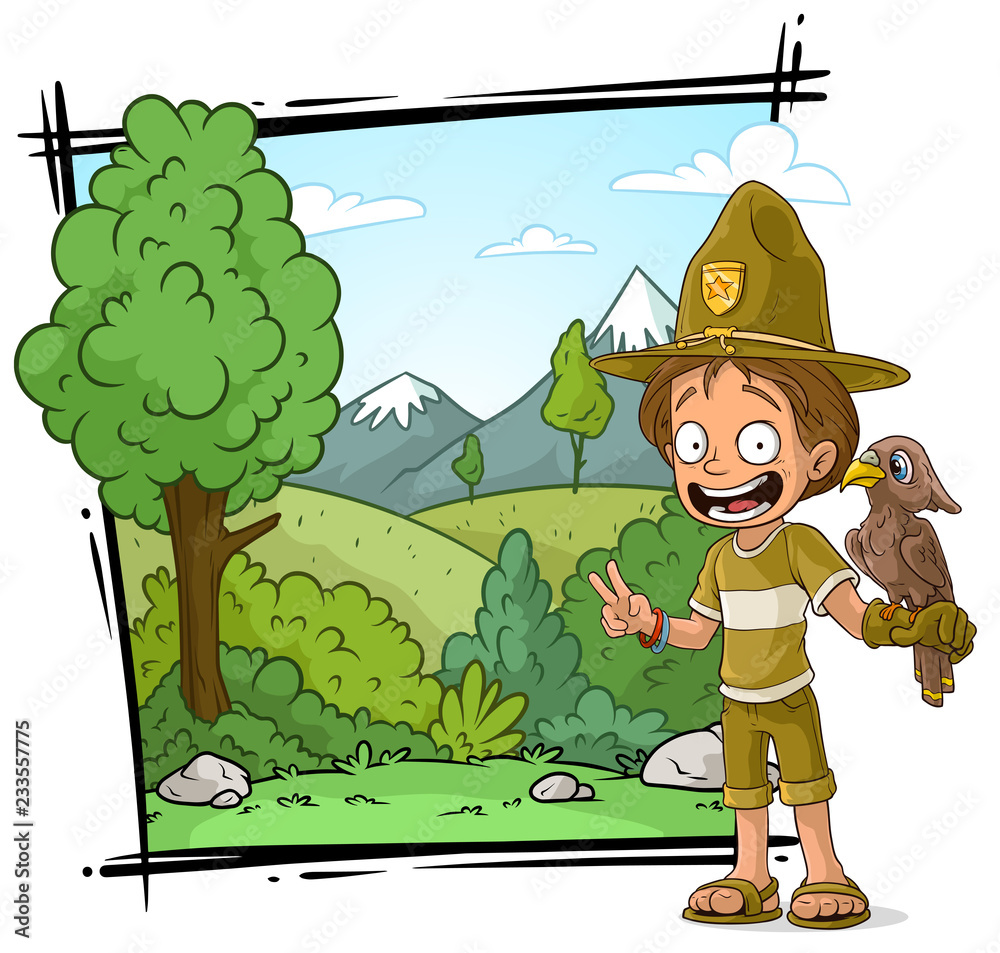 Cartoon ranger boyscout character with parrot Stock Vector | Adobe Stock
