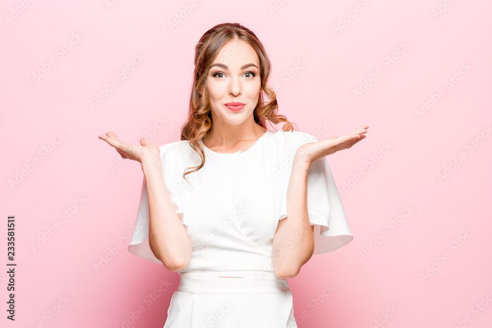 Delight. Beautiful female half-length front portrait isolated on pink ...