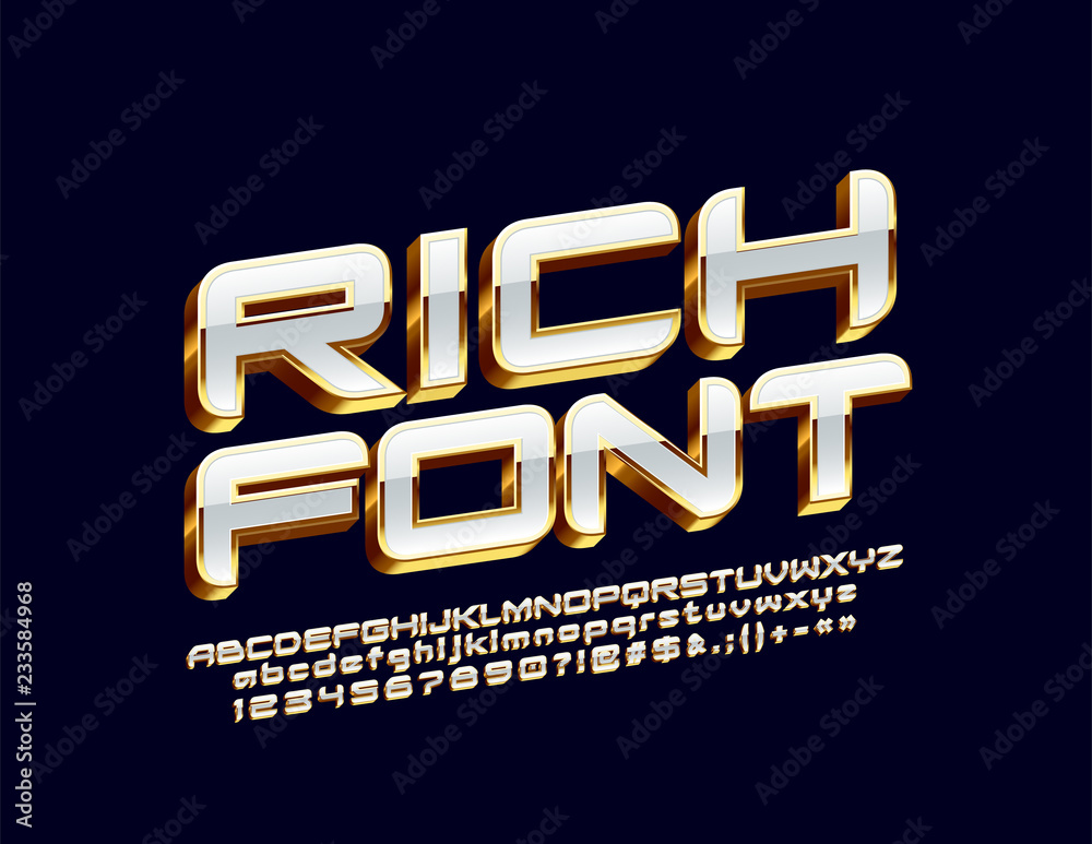 Vector Rich 3D Font. White and Golden rotated Alphabet Letters, Numbers ...