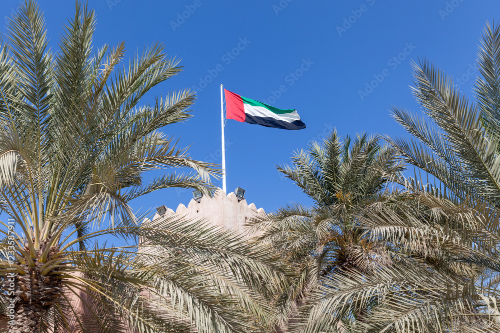 UAE flag waving in the sky, national symbol of UAE Stock Photo | Adobe ...