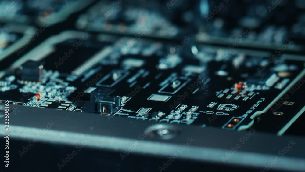 Close-up Macro Shot of Electronic Factory Machine at Work: Printed ...