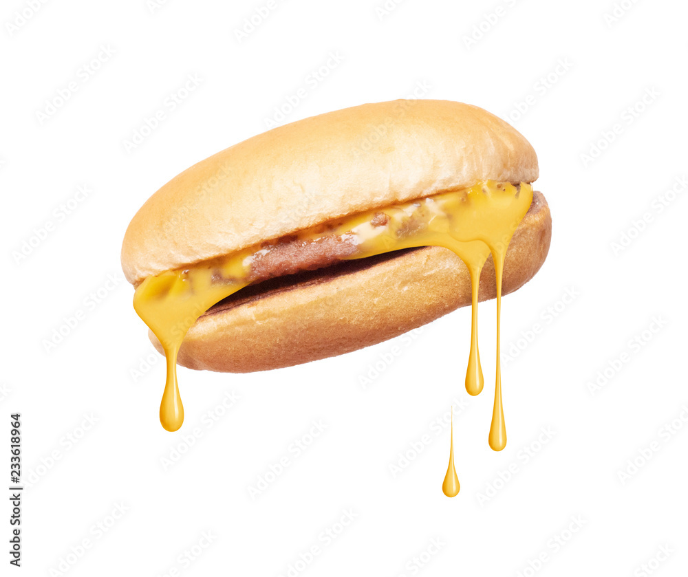 Melted cheese flows from cheeseburger on white background Stock Photo ...