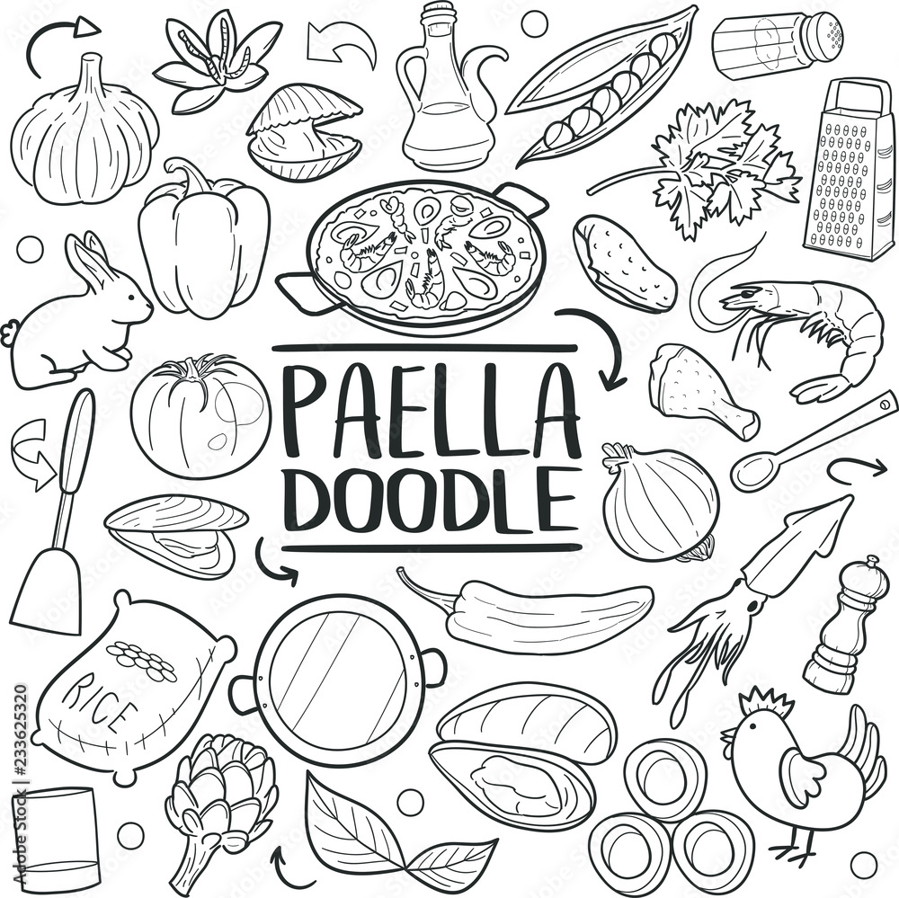 Paella Spanish Traditional Food Doodle Icon Hand Draw Line Art Stock ...
