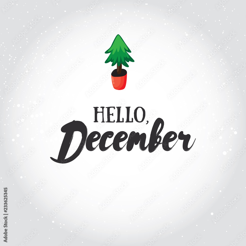 Hello, December! Vector illustrated greeting card template, post card ...