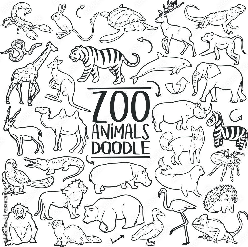 Zoo Wild Animals Traditional Doodle Icons Sketch Hand Made Design ...