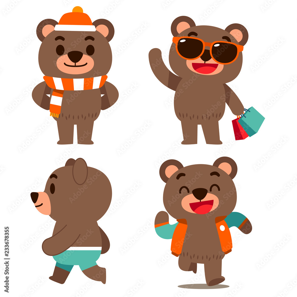 Vector set of bear characters with costume in different action poses ...