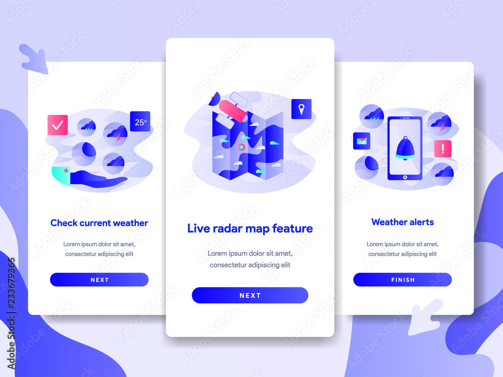 Onboarding screen page template of Weather App Concept. Modern flat ...