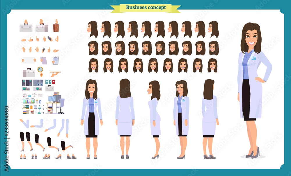 Scientist character creation set. Woman works in science laboratory at ...