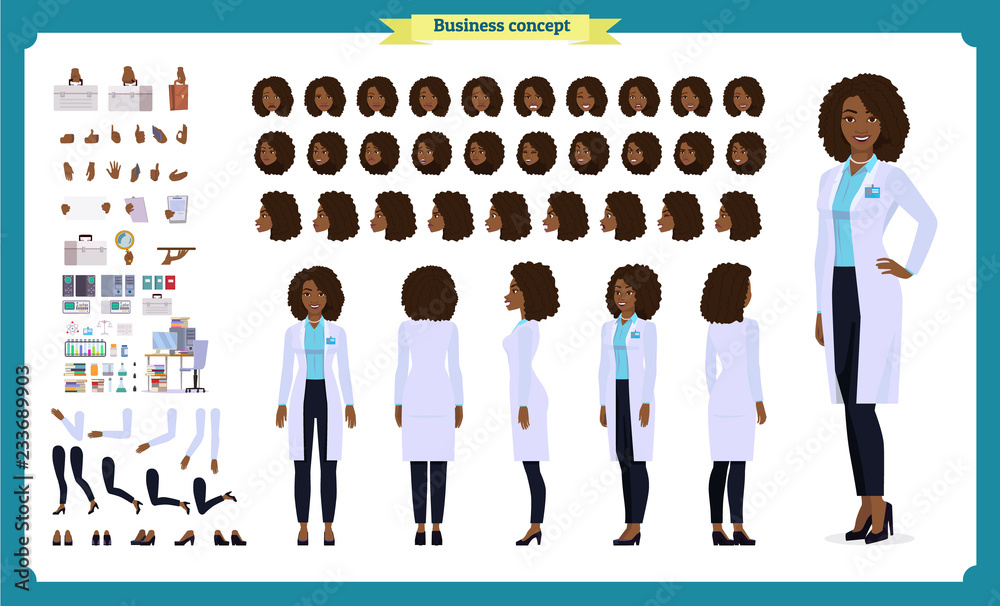 Vetor de Scientist character creation set.Black Woman works in science ...