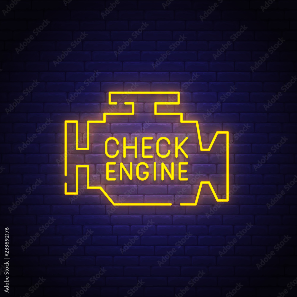 Check Engine neon sign, bright signboard, light banner. Check Engine ...