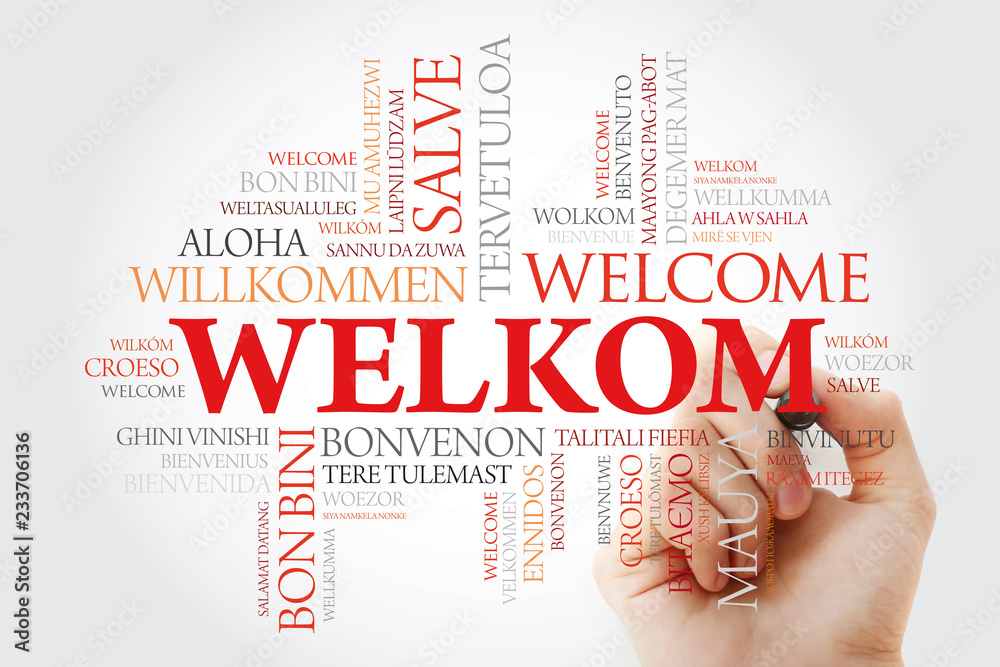 Welkom (Welcome in Afrikaans) word cloud with marker in different ...