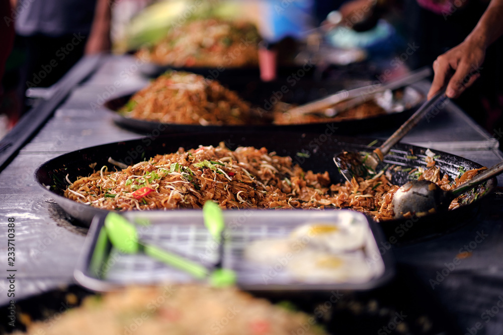 Asian, Indian and Chinese street food. Food court on local market of ...