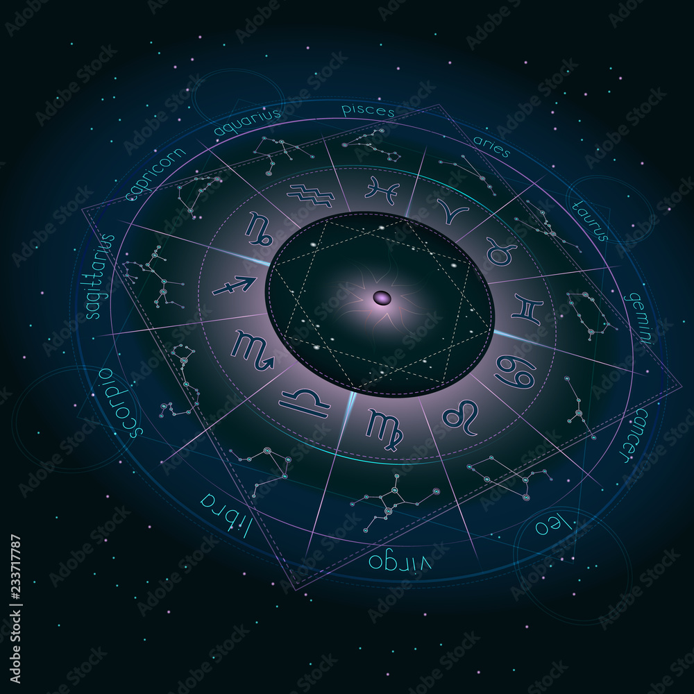 Illustration with Horoscope circle, Zodiac symbols and astrology ...